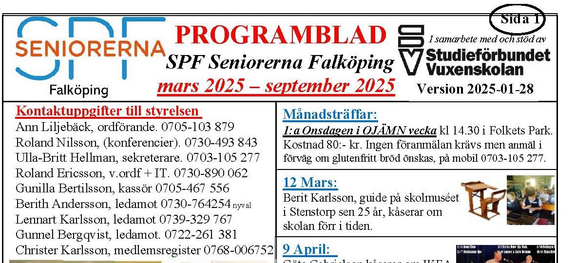 SPF - Seniorerna Nytt Programblad vår-sommar 2025